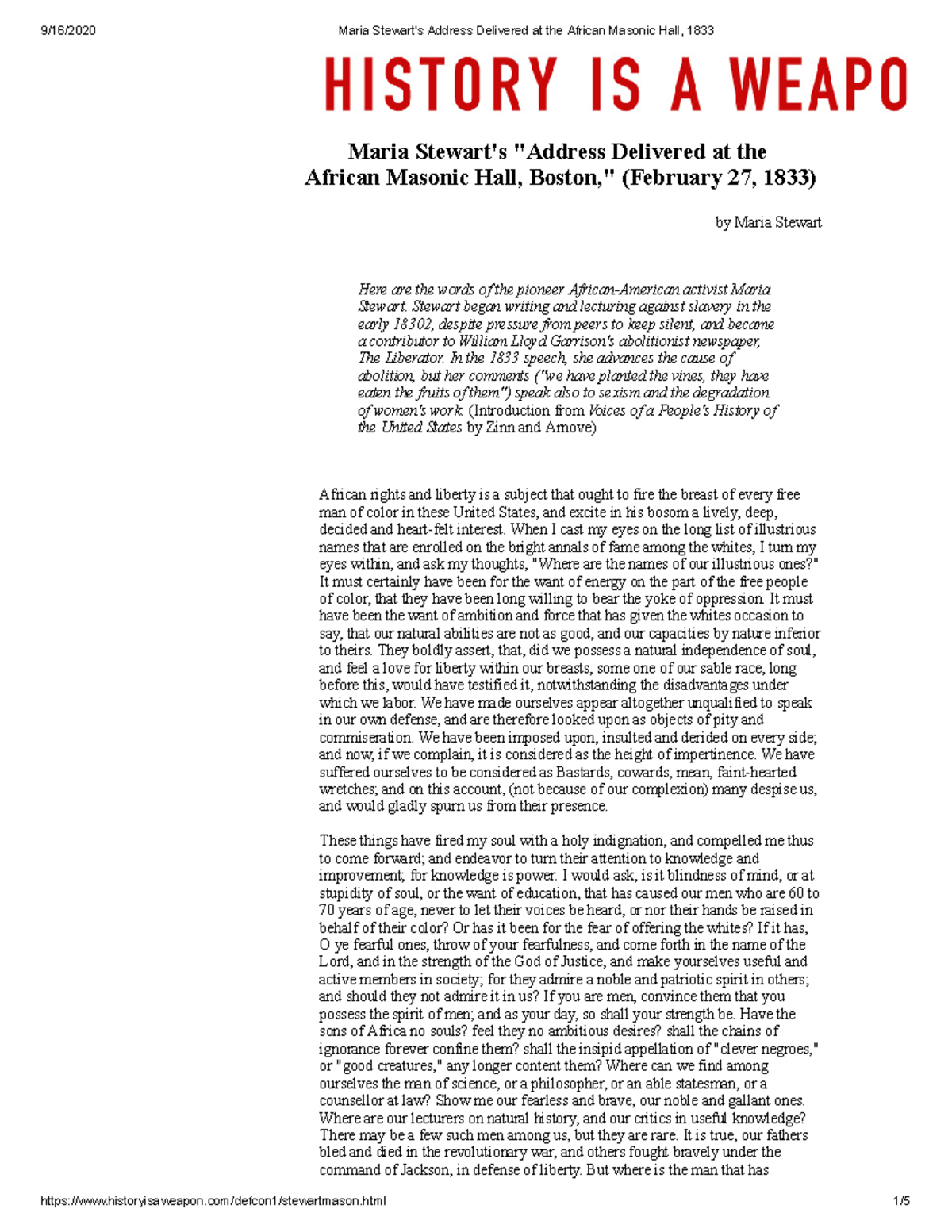 Maria Stewart's 1833 Address at the African Masonic Hall - Studocu