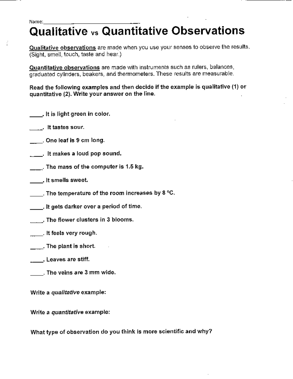 Qualitative and Quantitative Observations Worksheet (4a) - Studocu