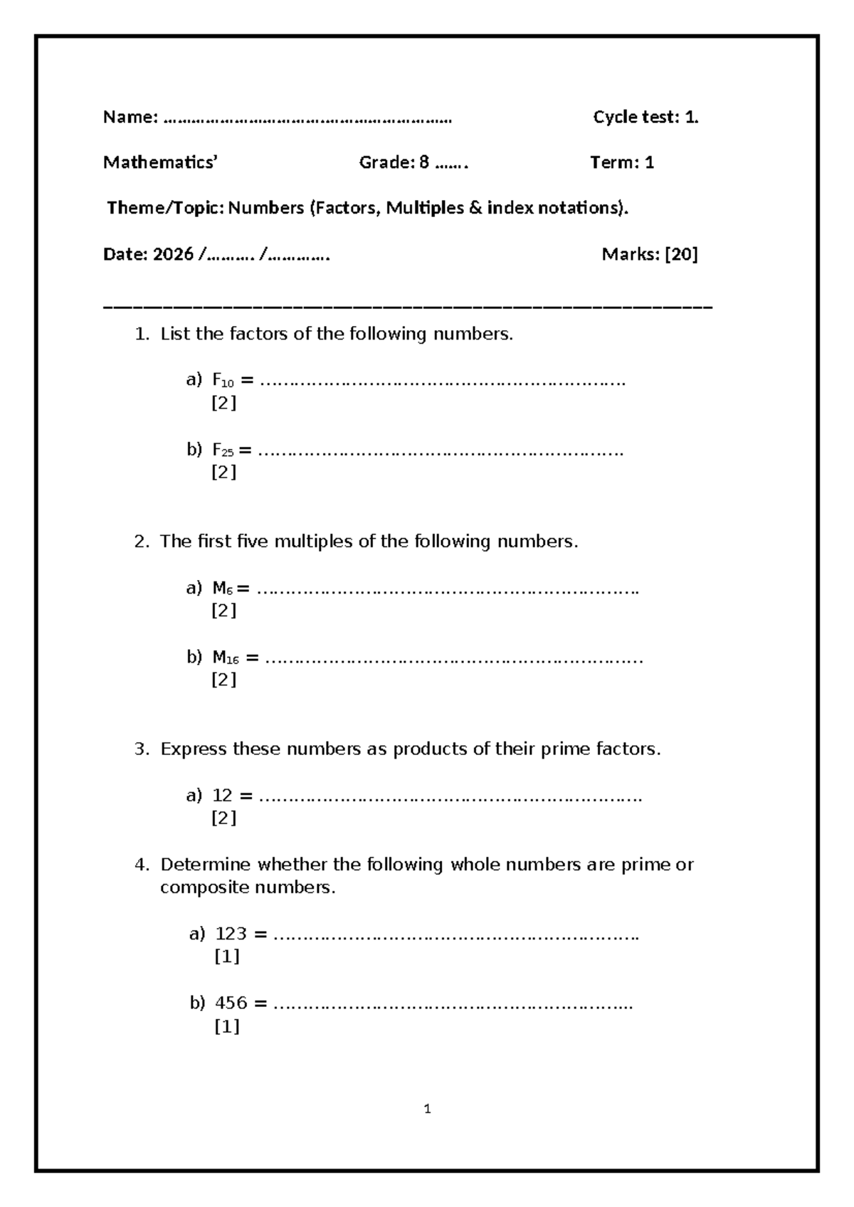 Cycle Test 1: Grade 8 Factors & Multiples (2026) - Studocu