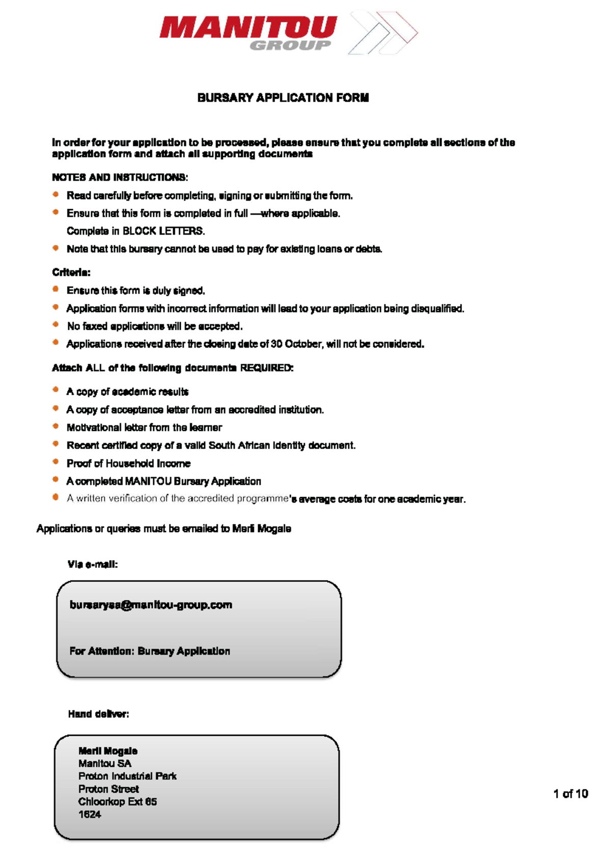 MANITOU GROUP BURSARY APPLICATION FORM GUIDELINES - Studocu