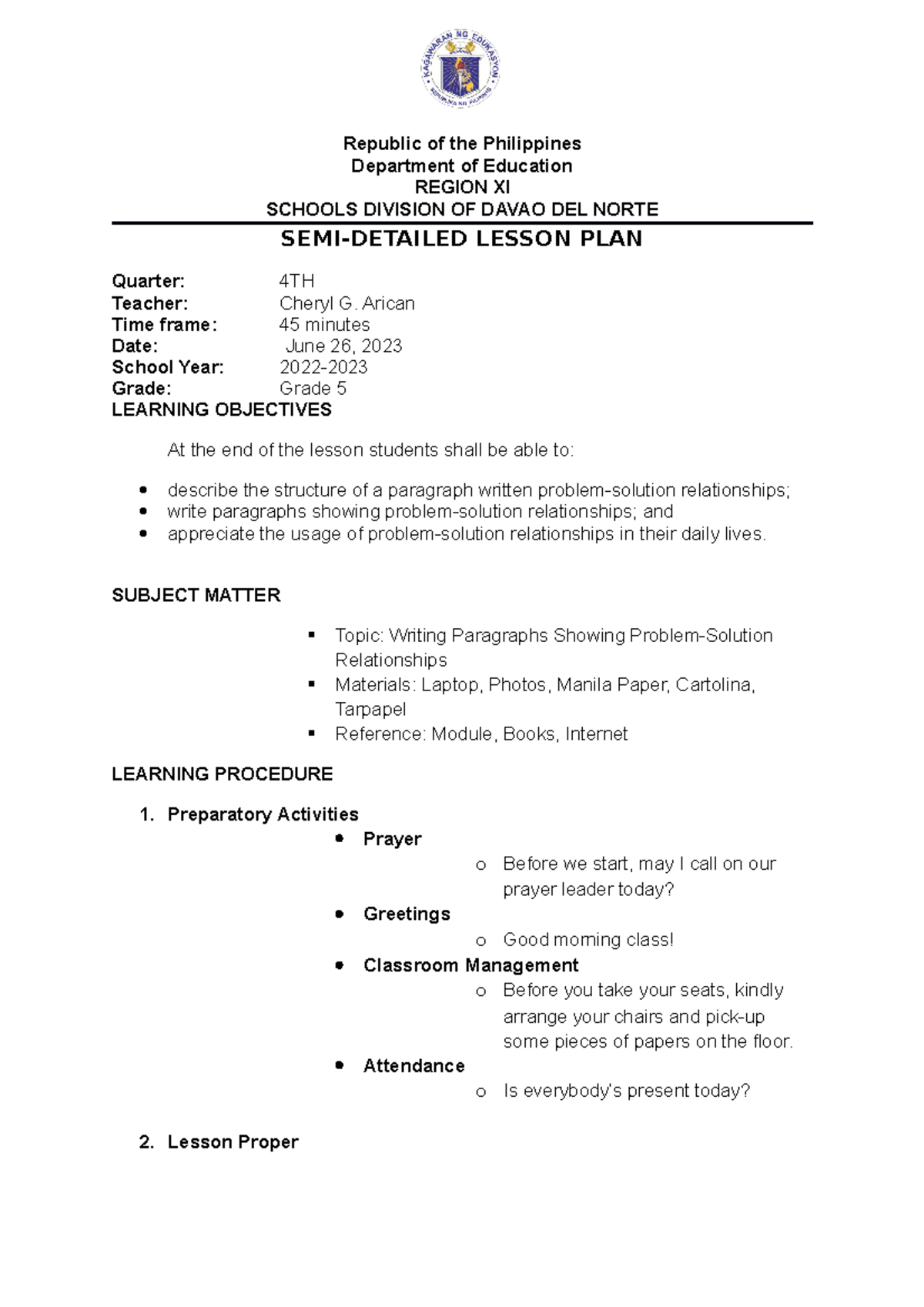 Semi-Detailed Lesson Plan for Grade 5: Writing Problem-Solution ...