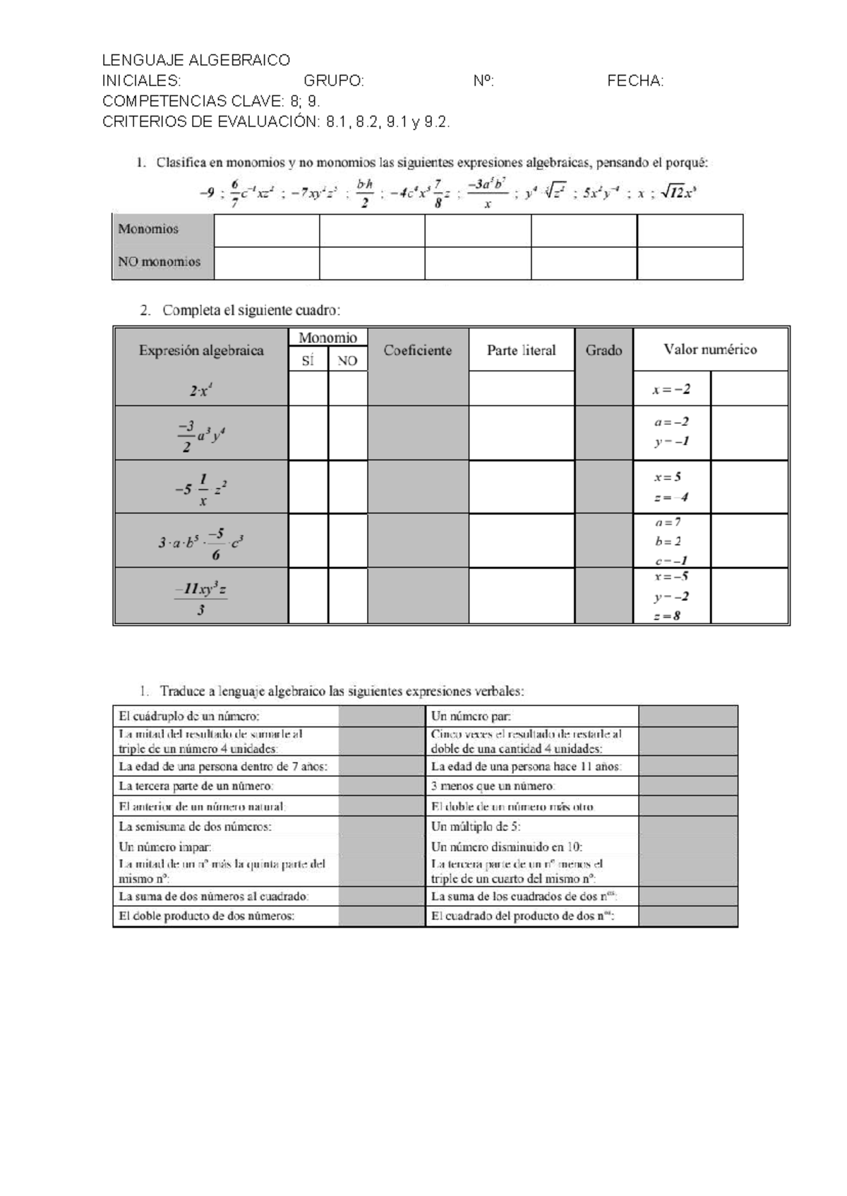 LENGUAJE ALGEBRAICO Y MONOMIOS - 2º ESO - Studocu