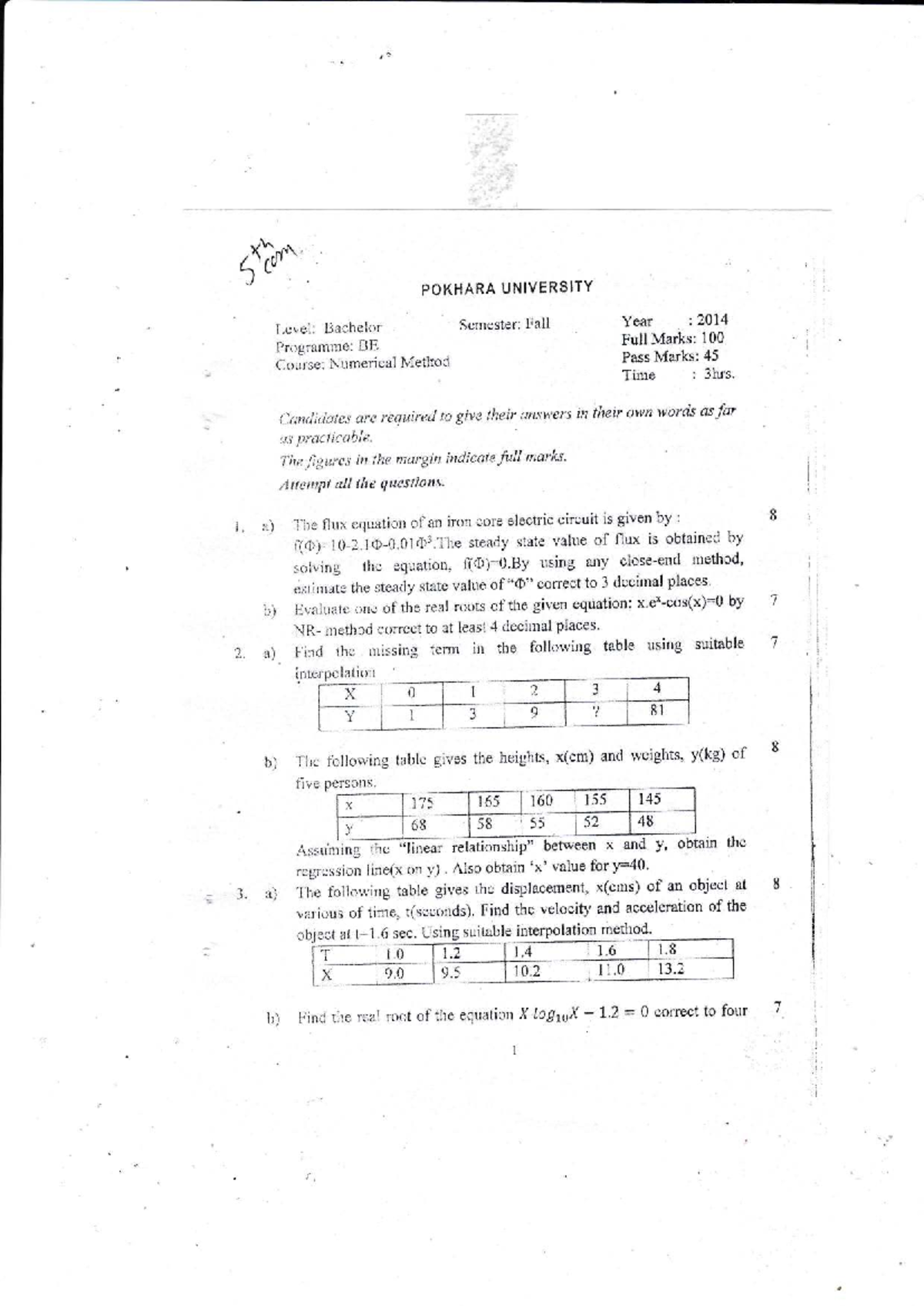 POKHARA UNIVERSITY BE Numerical Methods Final Exam: Fall 2018 - Studocu