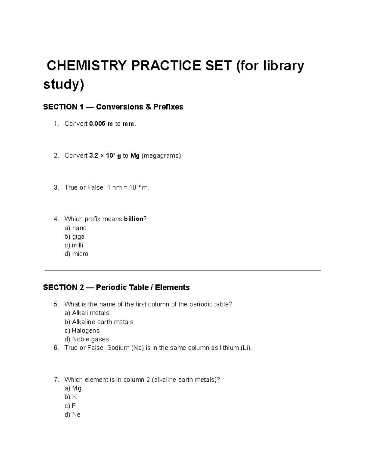 CHEM 101: Chemistry Practice Set for Exam Prep and Review - Studocu