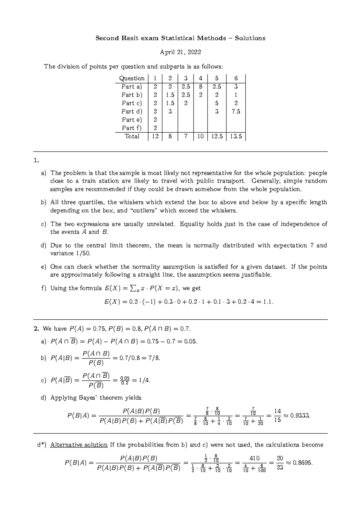 Resit 220421 Statistical Methods Solutions and Explanations - Studeersnel