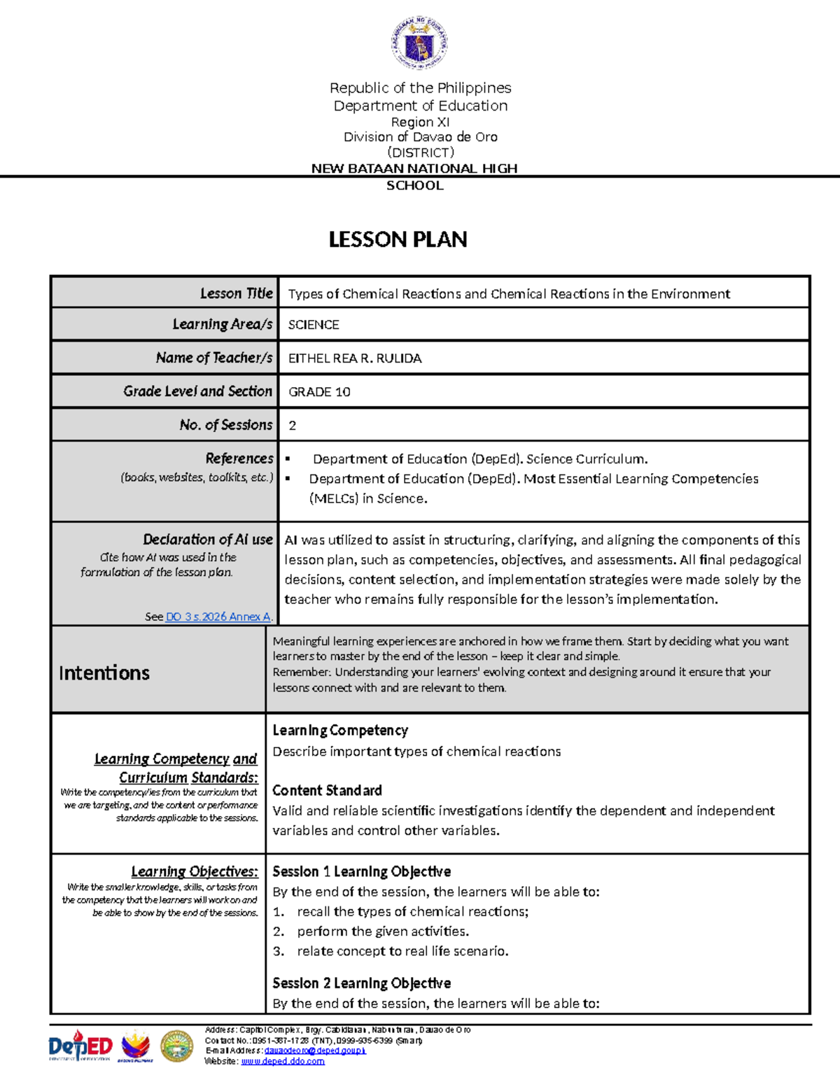G10 TERM1 LP3 W1-2: Types of Chemical Reactions in the Environment ...