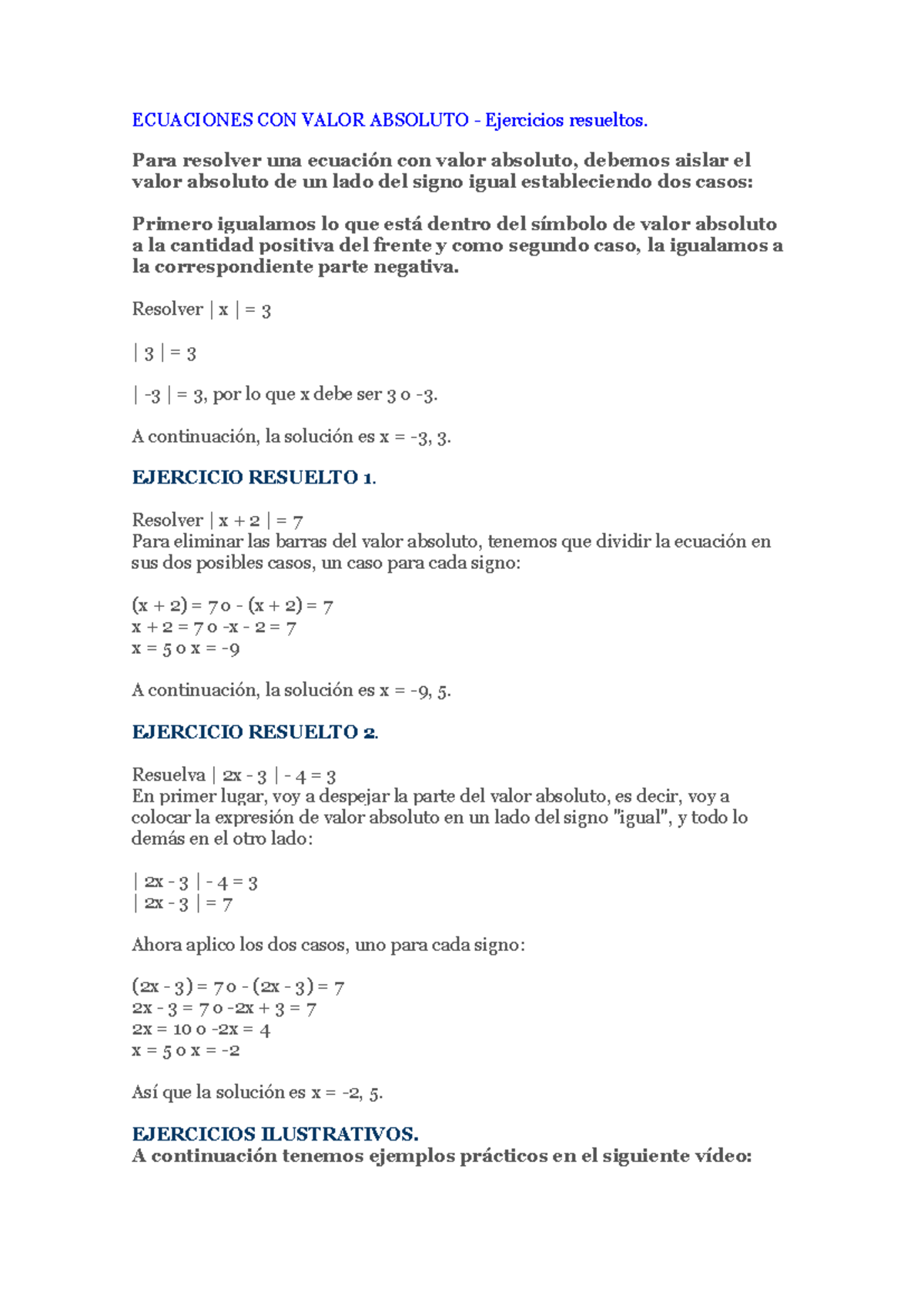 ECUACIONES CON VALOR ABSOLUTO: Ejercicios Resueltos y Ejemplos - Studocu