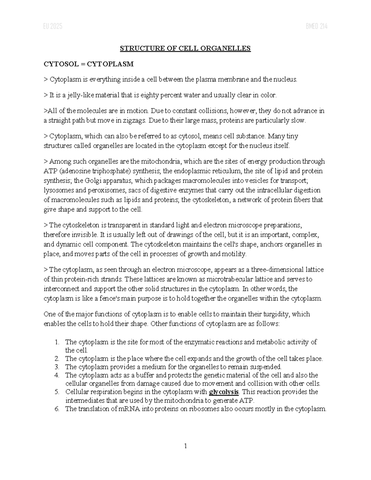 EU 2025 BMED 214 Final Exam Notes on Cell Organelles and Cytoplasm ...