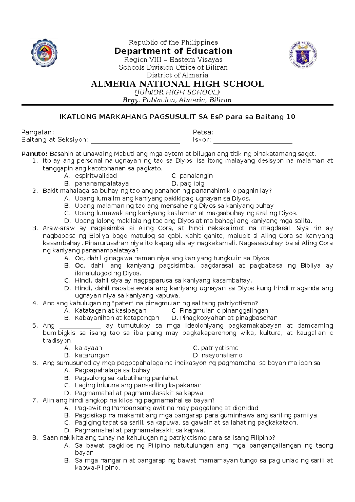 3rd Periodical Test in ESP 10: Comprehensive Review and Questions - Studocu