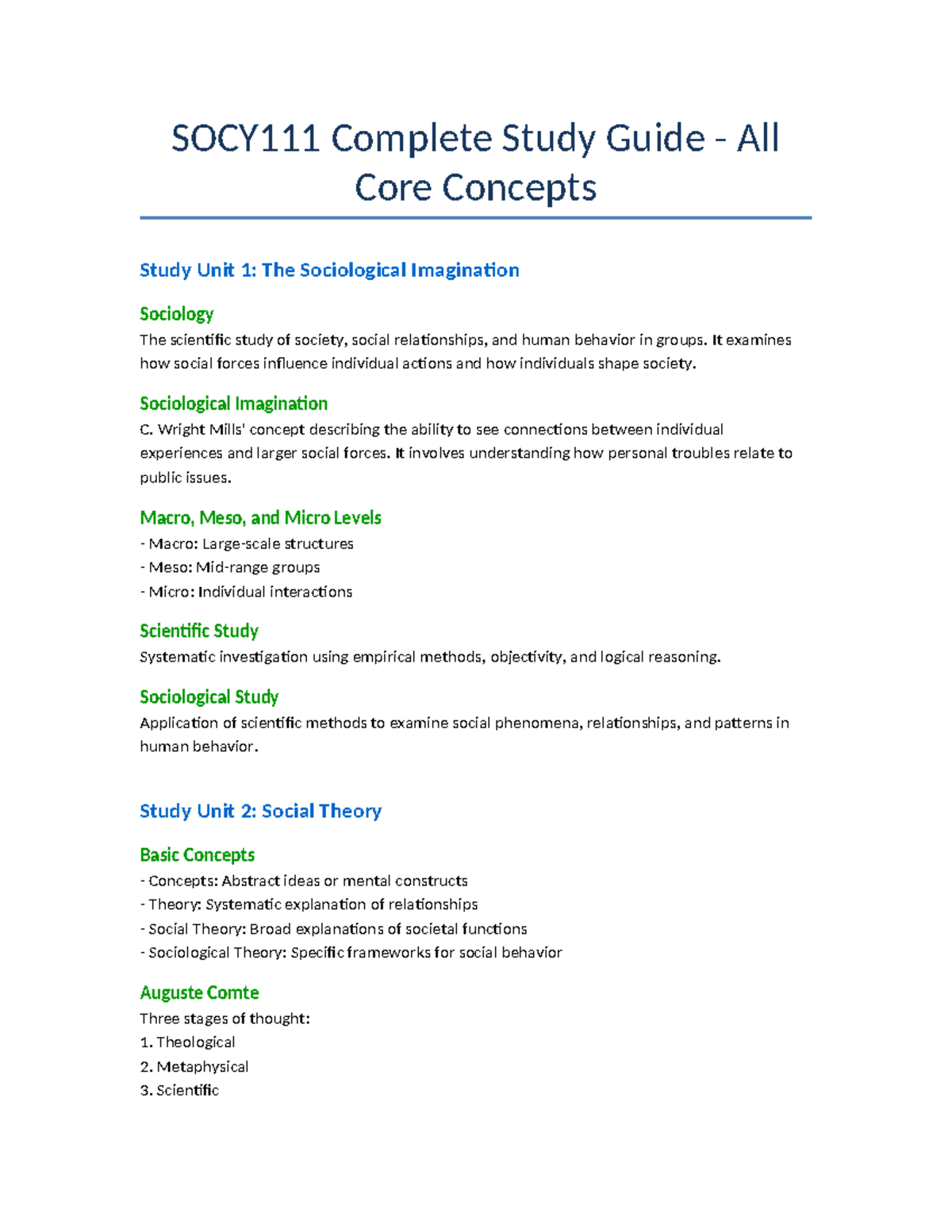 SOCY111 Complete Study Guide: Core Concepts & Theories in Sociology ...
