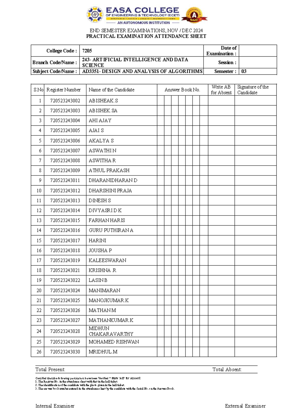 7205 DAA End Semester Practical Exam Attendance Sheet, Nov-Dec 2024 ...