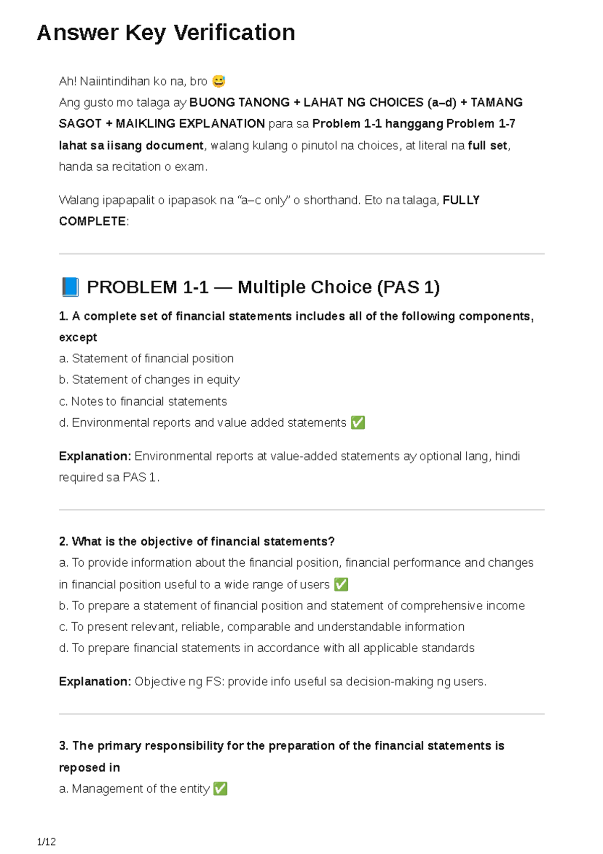 Complete Answer Key for Financial Statements Problems (PAS 1, IFRS, IAA ...