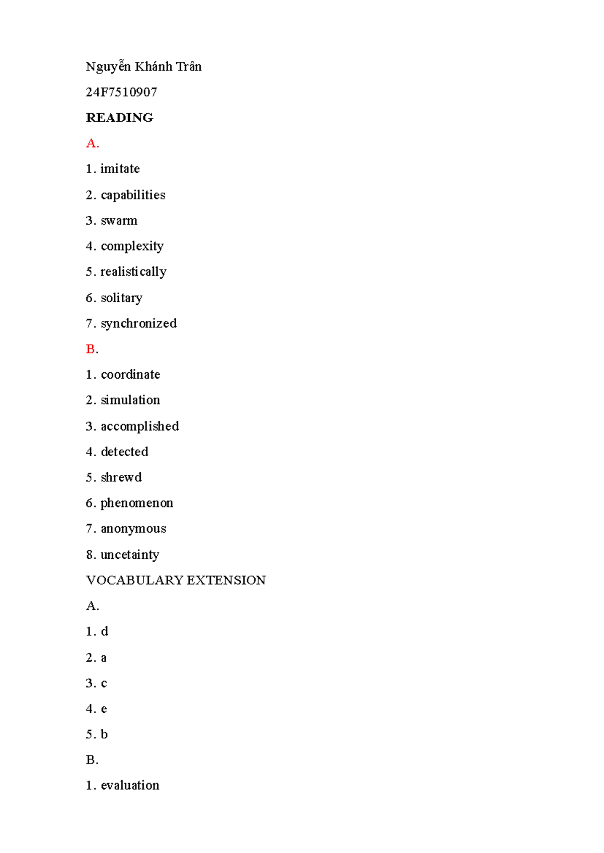 Unit 5 Vocabulary Study - Nguyễn Khánh Trân 24F7510907 - Studocu