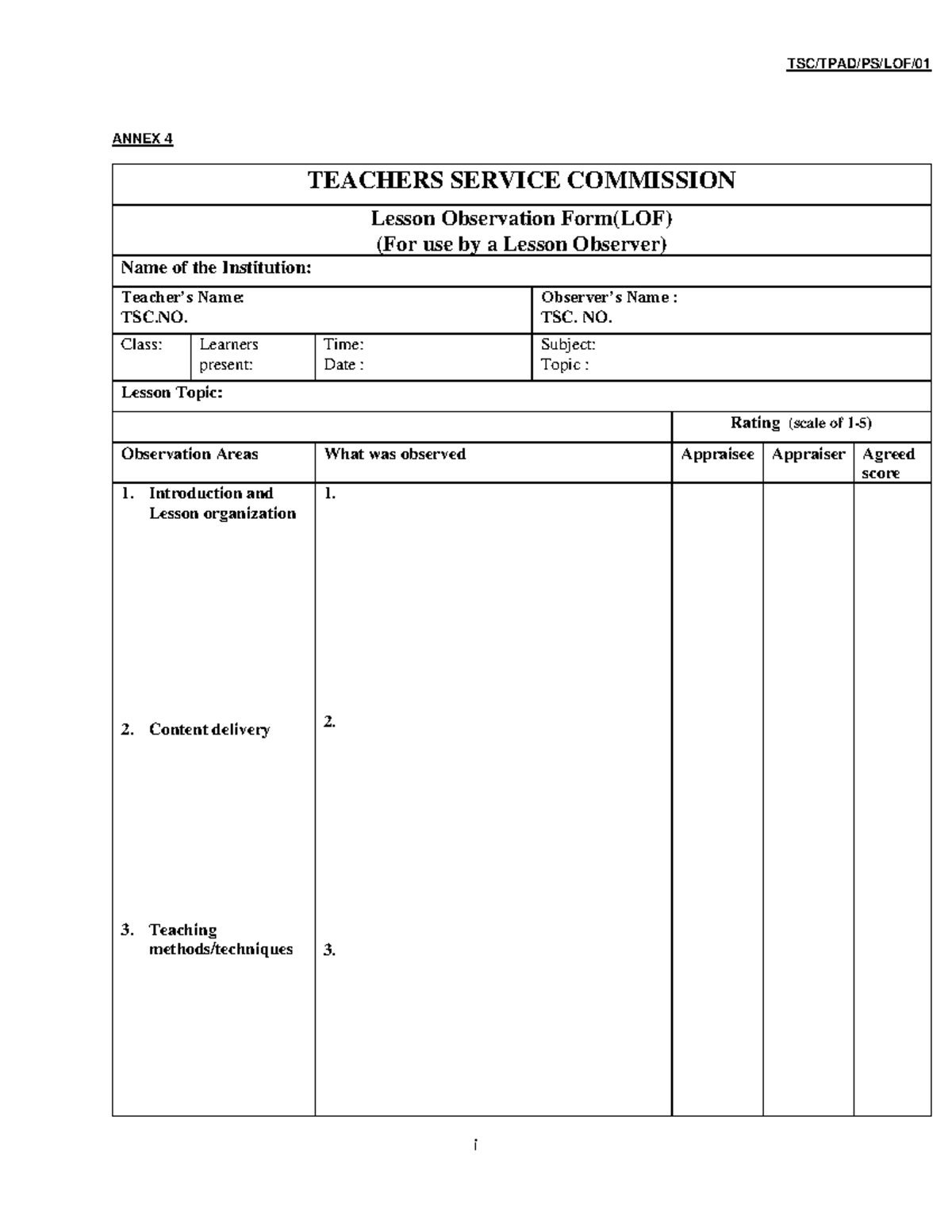 TSC Lesson Observation Form (LOF) - Tpad Annex 4 - Studocu