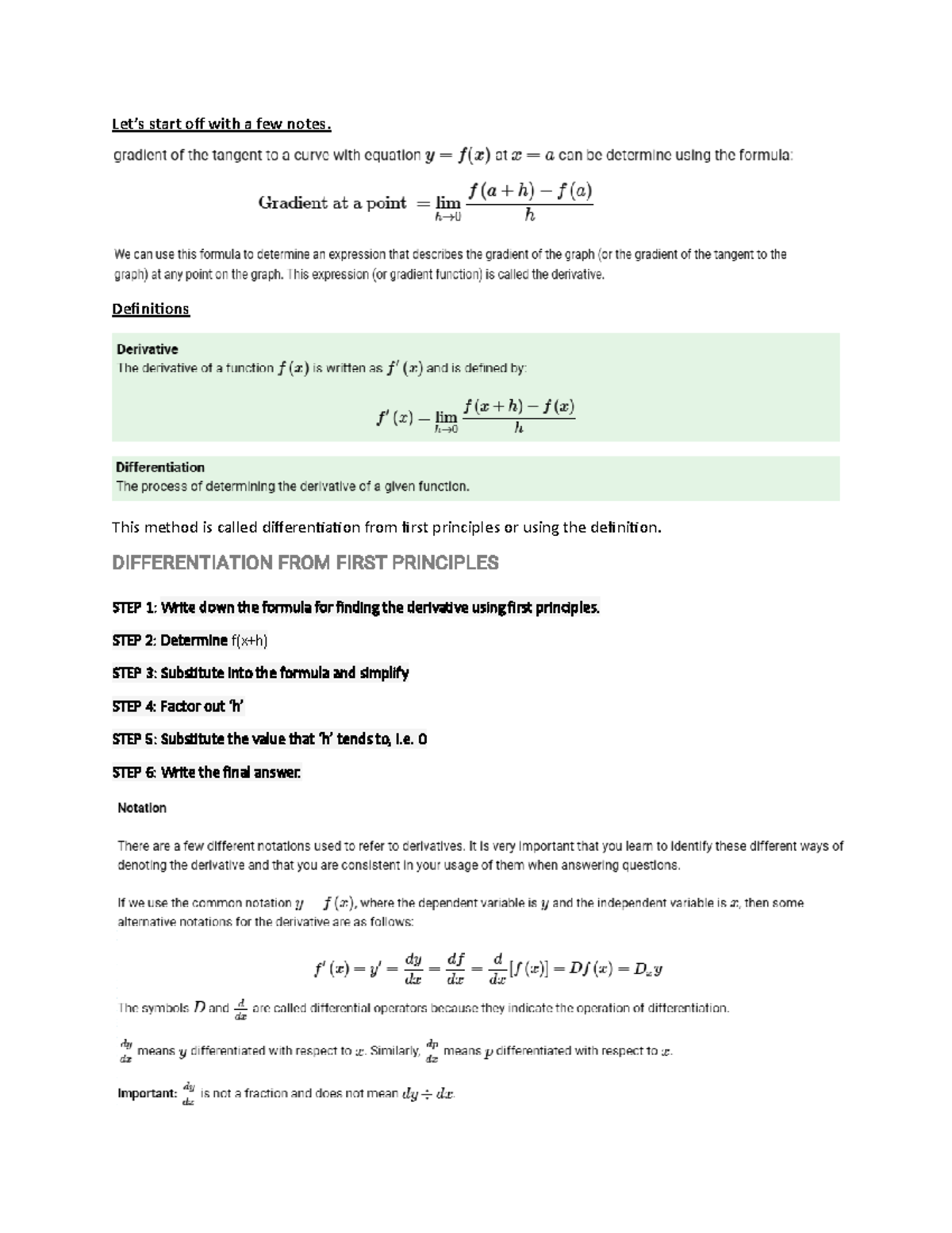 Grade 12 Calculus SBA Prep: Differentiation from First Principles Notes ...