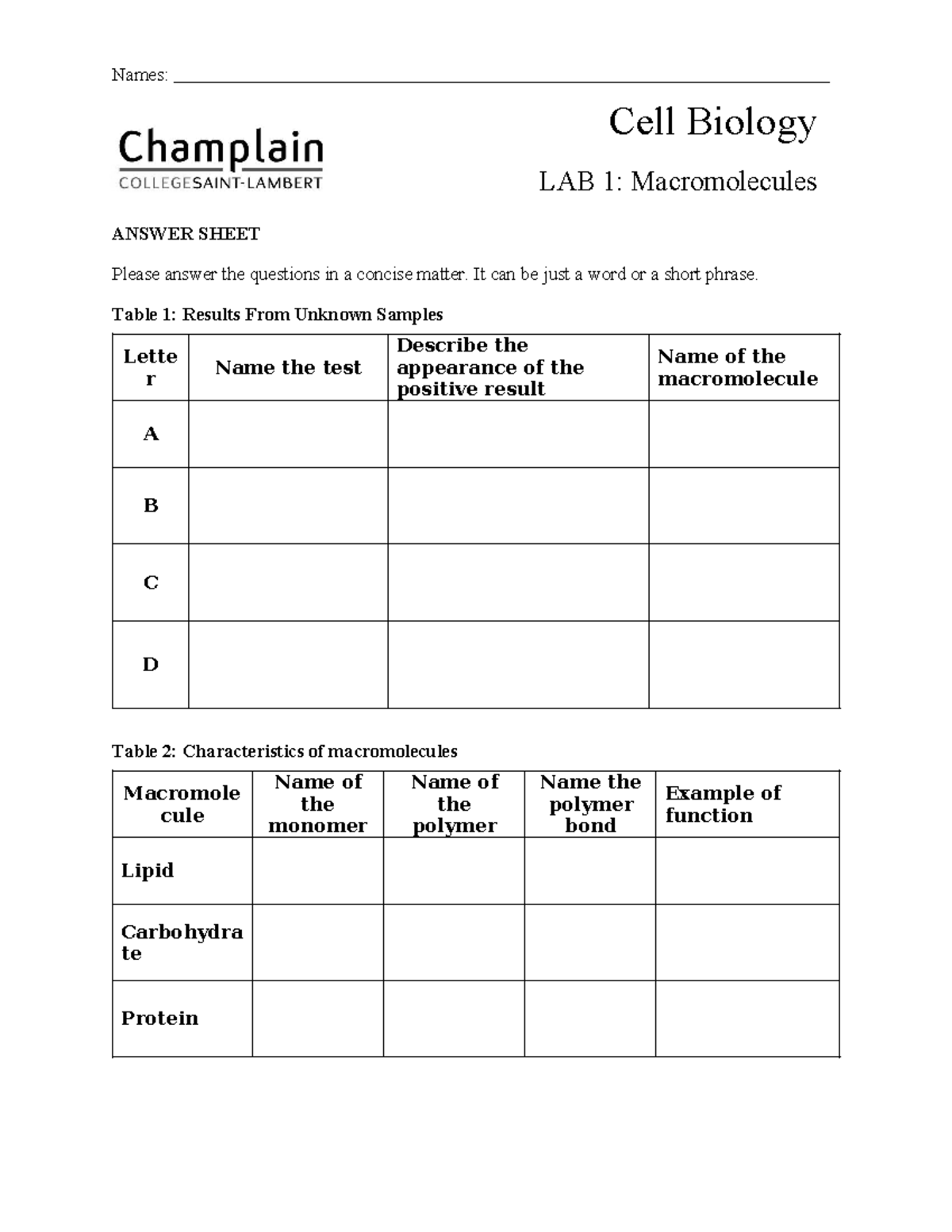 Cell Biology LAB 1: Macromolecules - Answer Sheet - Studocu