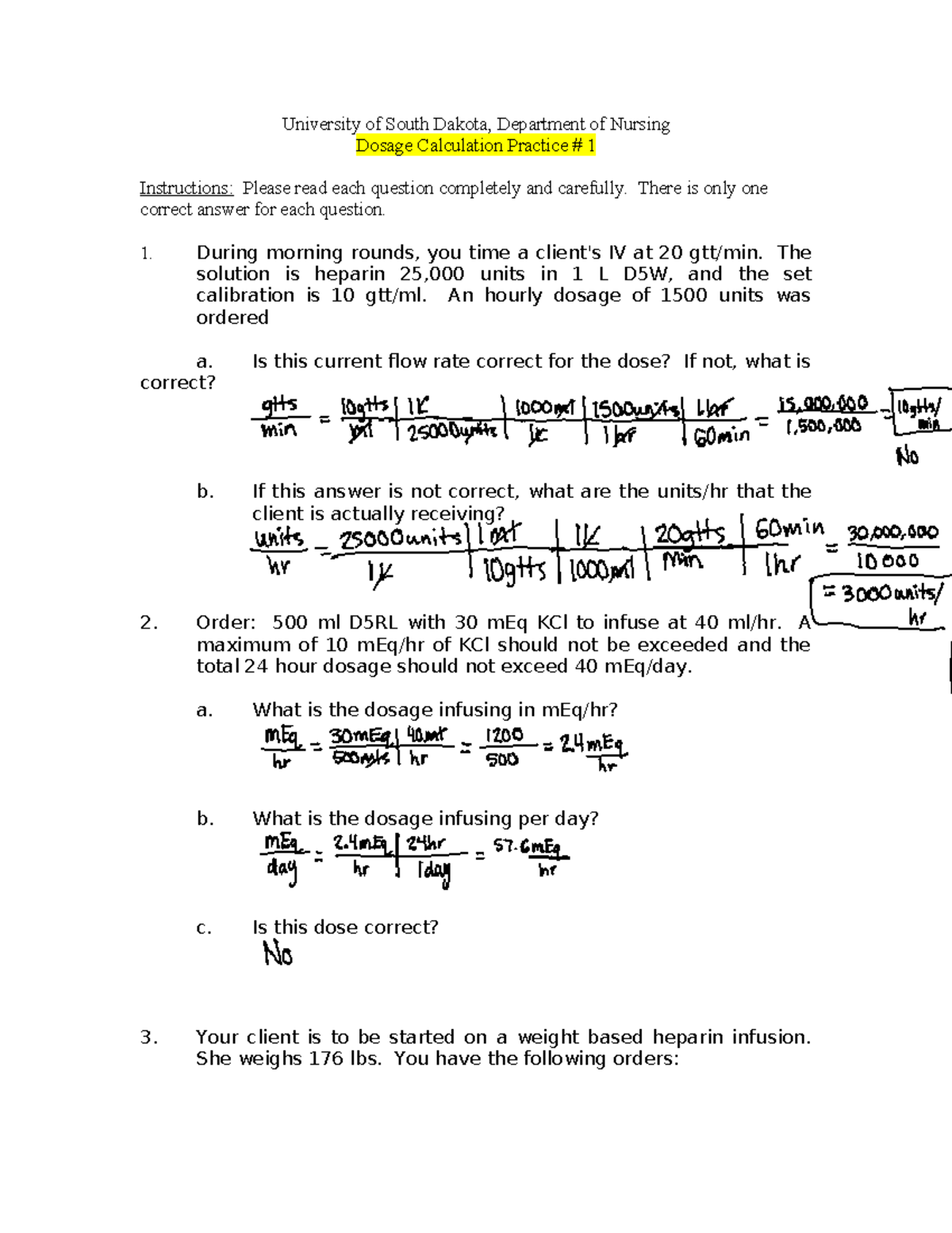 N286 Dosage Calculation Practice: Heparin & KCl Infusion Questions ...