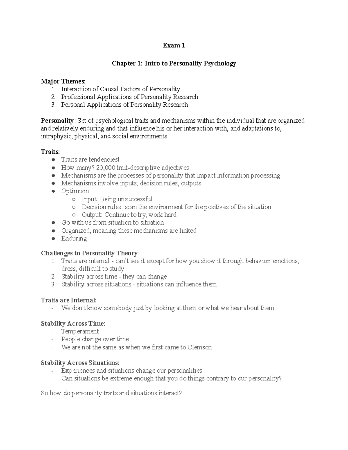 PSY 101: Exam 1 - Intro to Personality Psychology & Key Concepts - Studocu