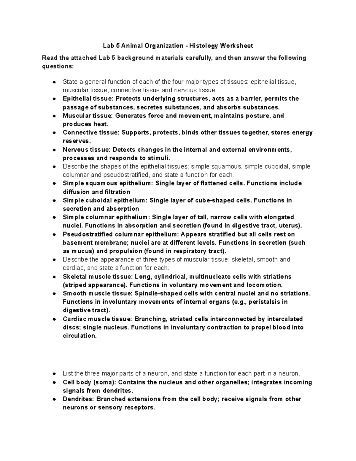 Lab 5 (Bio 101) - Animal Organization: Histology Worksheet Guide - Studocu