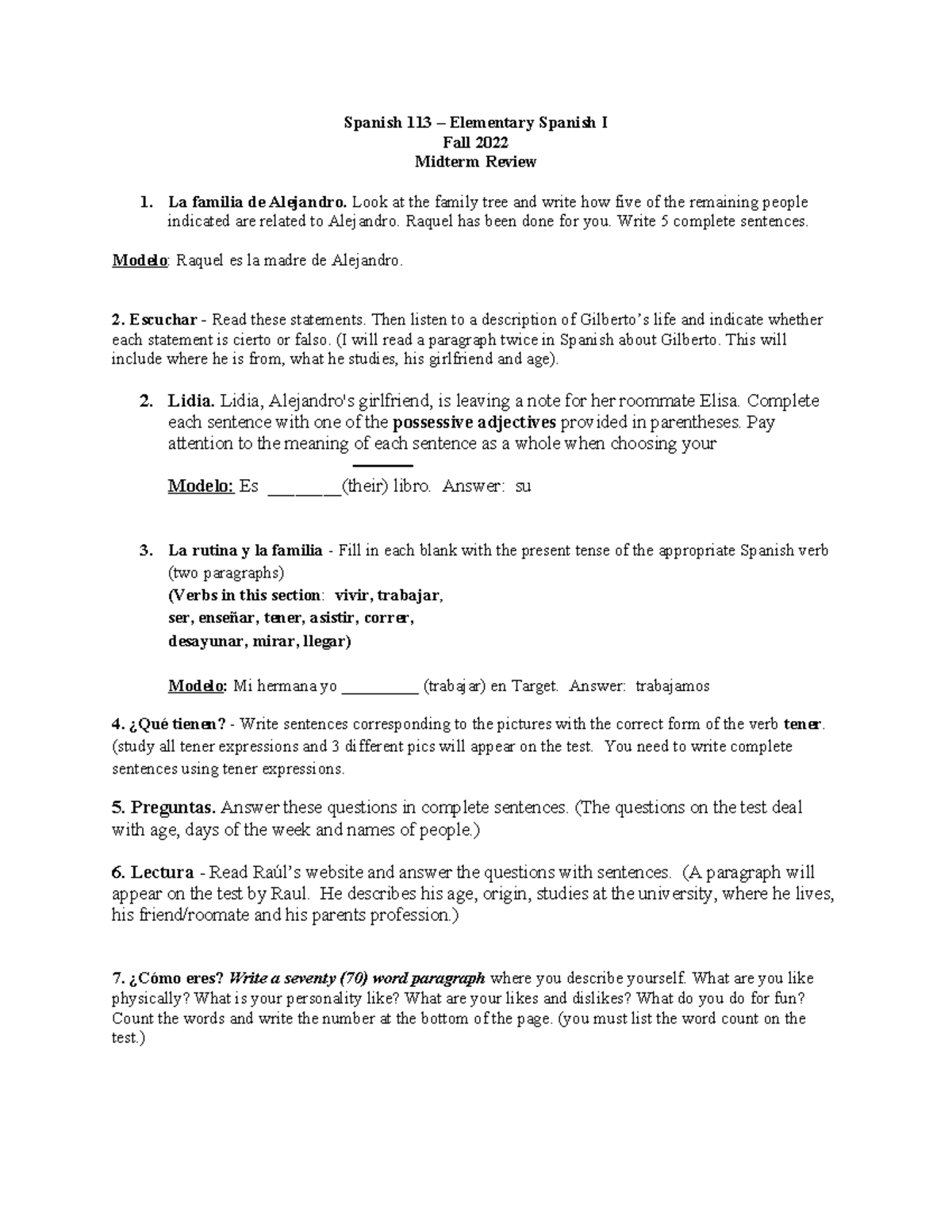 Midterm Review for SPAN 113: Elementary Spanish I Fall 2022 - Studocu