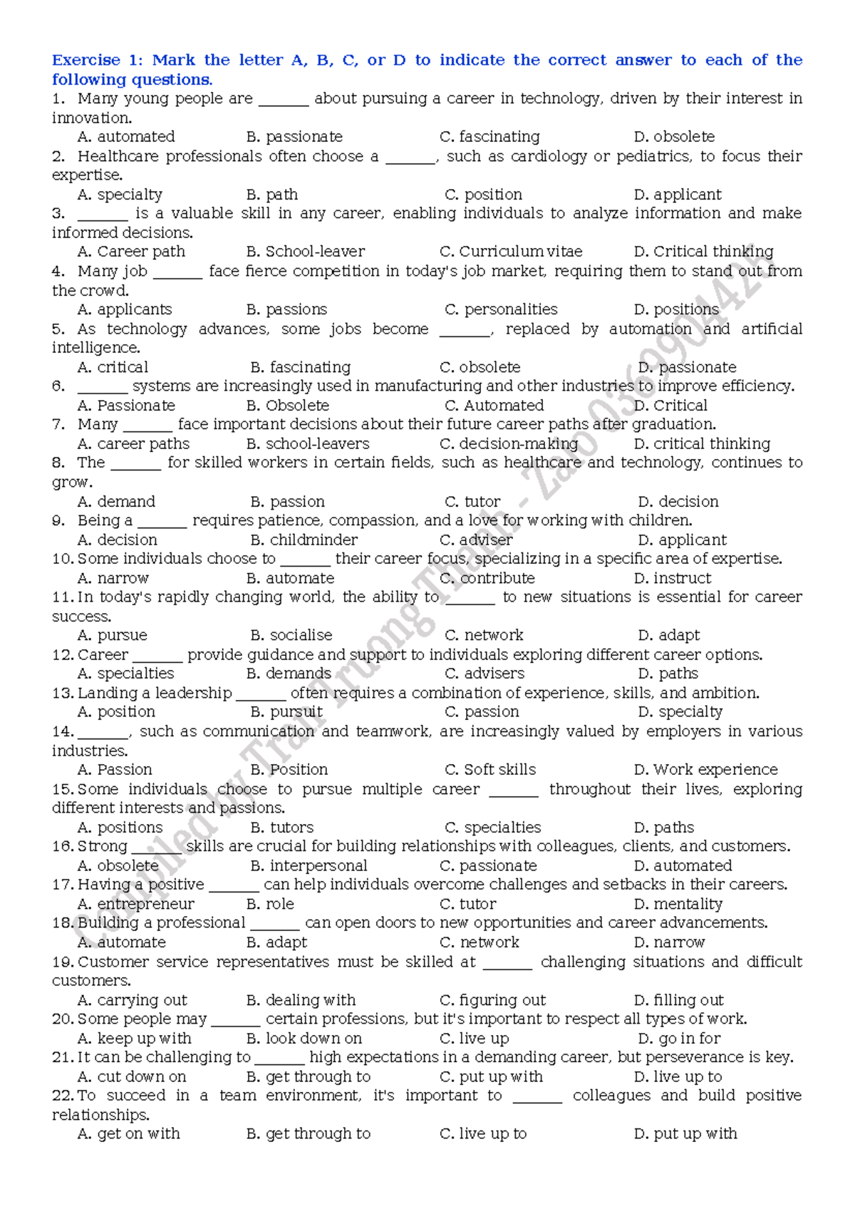 Unit 9 - Career Exploration and Skills Assessment Exercises - Studocu