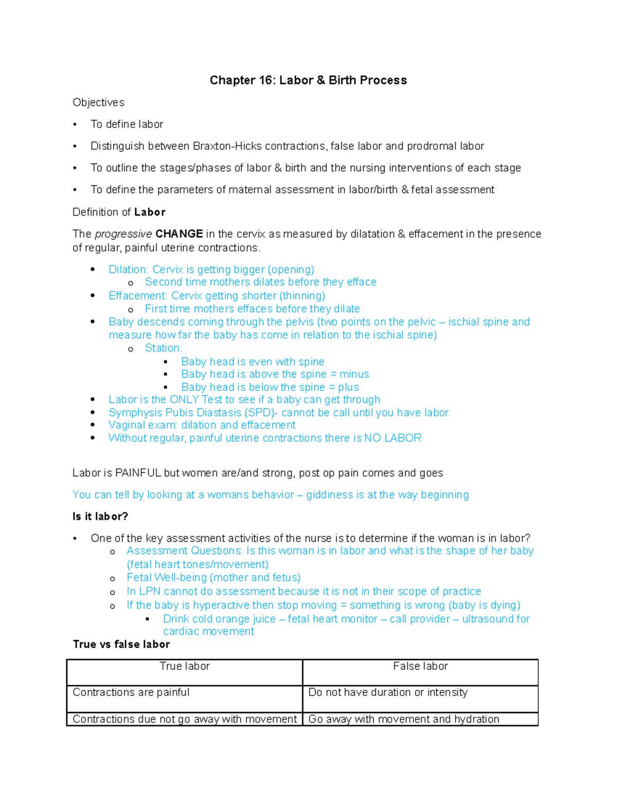 Labor & Birth Process & Pain Management Class Notes (NURS 101) - Studocu