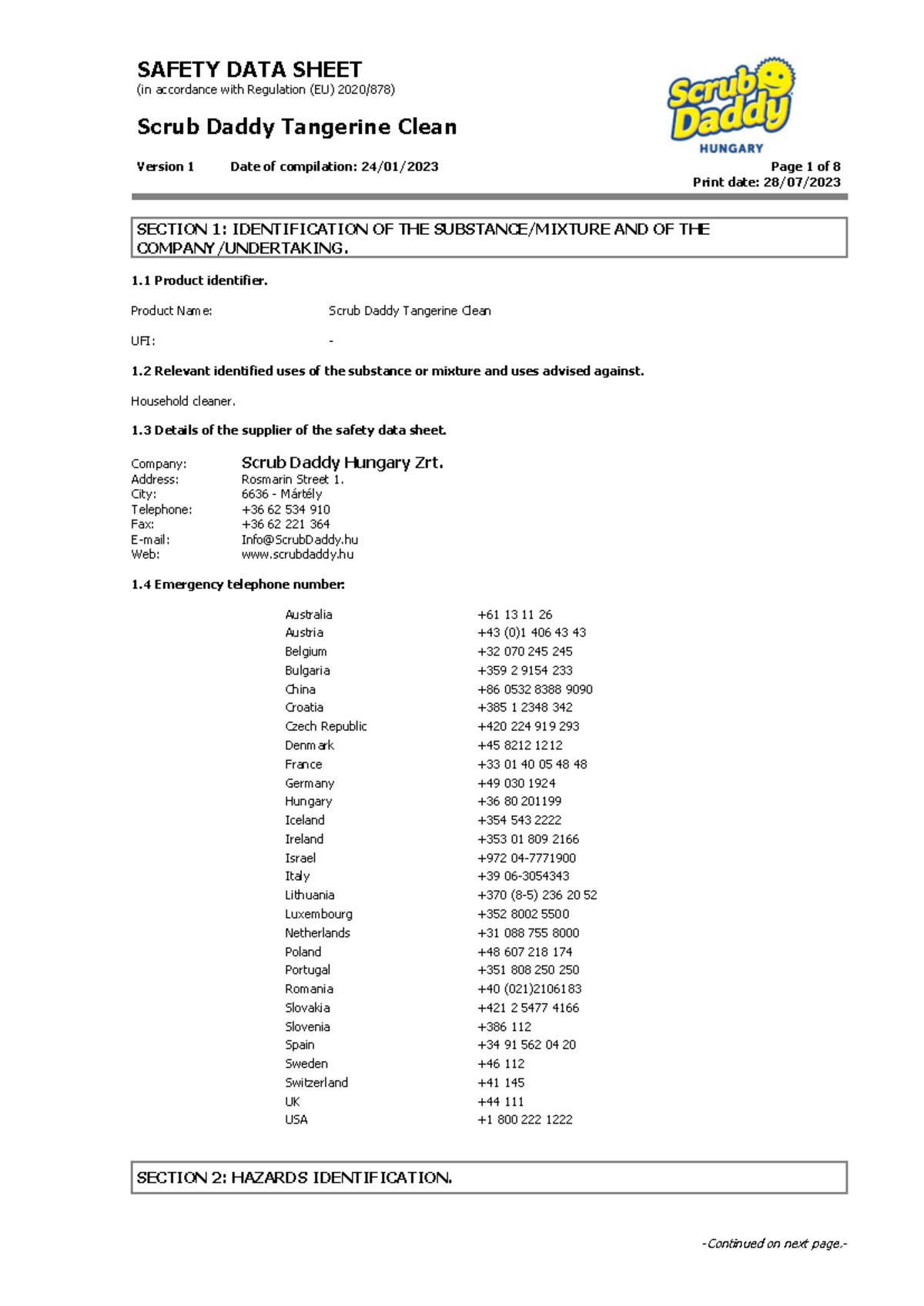 Scrub Daddy Tangerine Clean Safety Data Sheet (EU Regulation) - Studocu