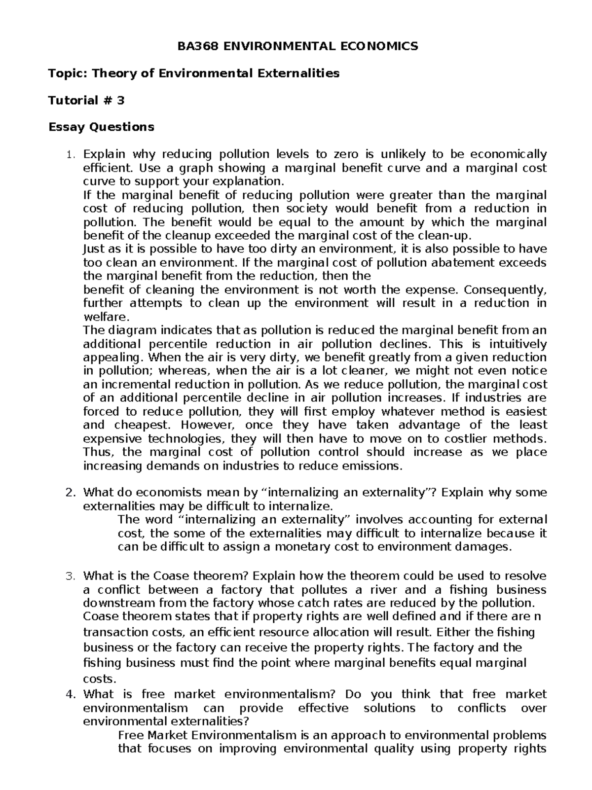 BA368 Environmental Economics: Tutorial 3 Essay Questions on ...