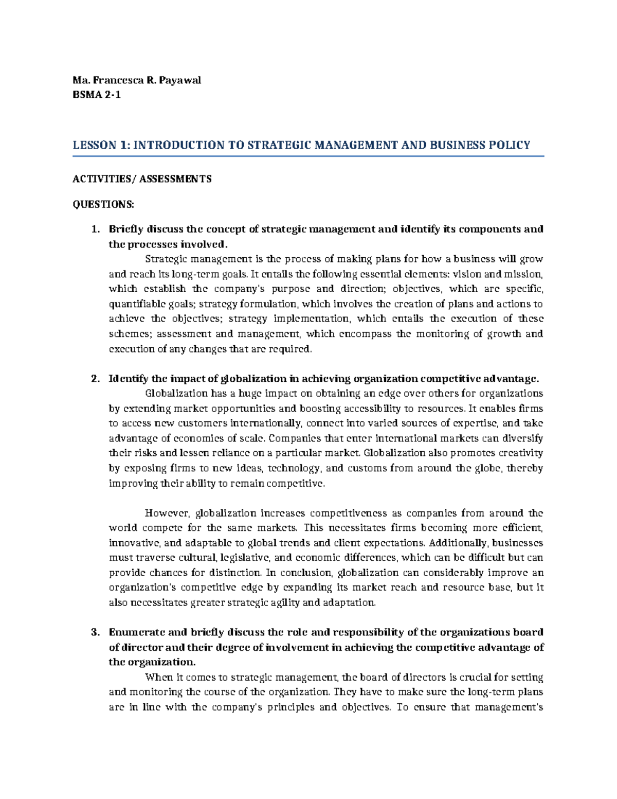 BUMA Summer IM Lesson 1: Strategic Management Concepts and Insights ...