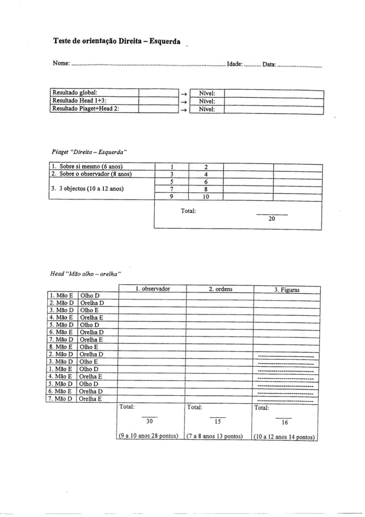 Folha de Resposta - Teste de Orientação Direita Esquerda (Piaget) - Studocu