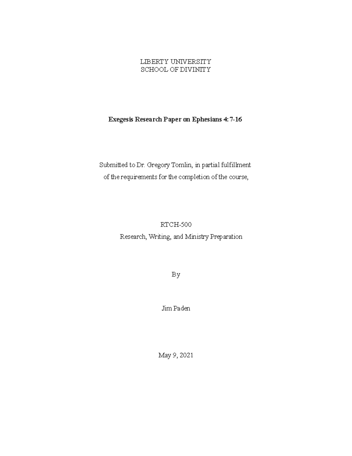 RTCH Exegesis Research Paper: Ephesians 4:7-16 Analysis - Studocu