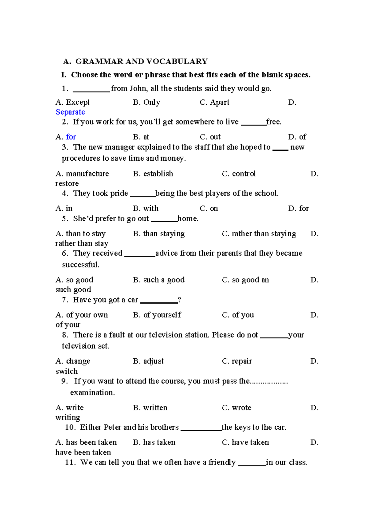 Ôn Tập Kỳ HK II 7: Grammar and Vocabulary Exercises - Studocu