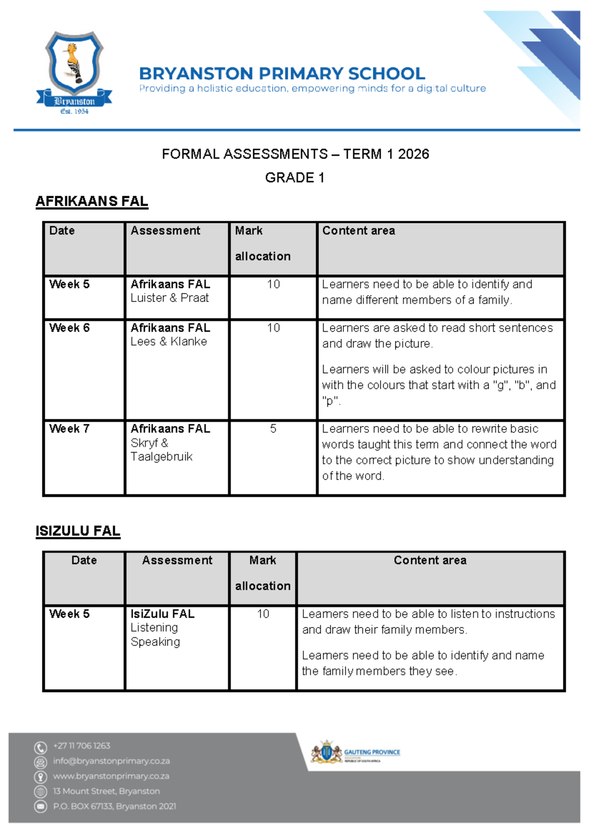 Term 1 2026 Grade 1 Learner Assessment Plan: Afrikaans, IsiZulu ...