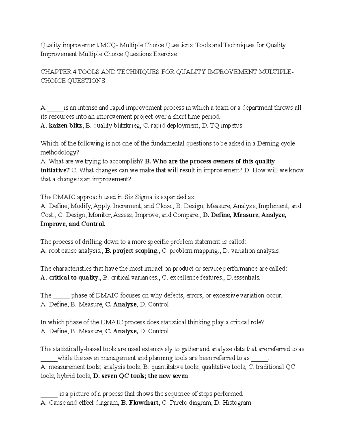 Quality Improvement MCQ Assessment - Tools & Techniques Insights - Studocu