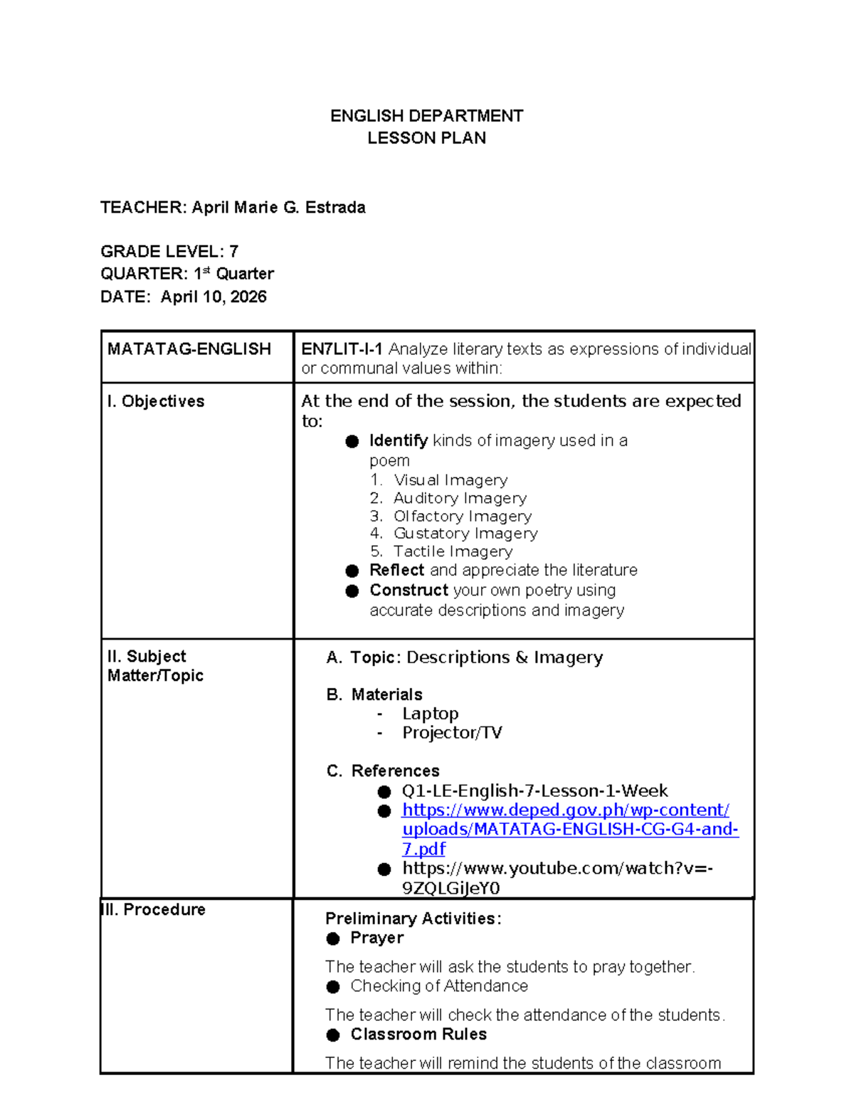 ENGLISH 7 LESSON PLAN: Exploring Imagery in Poetry - Studocu