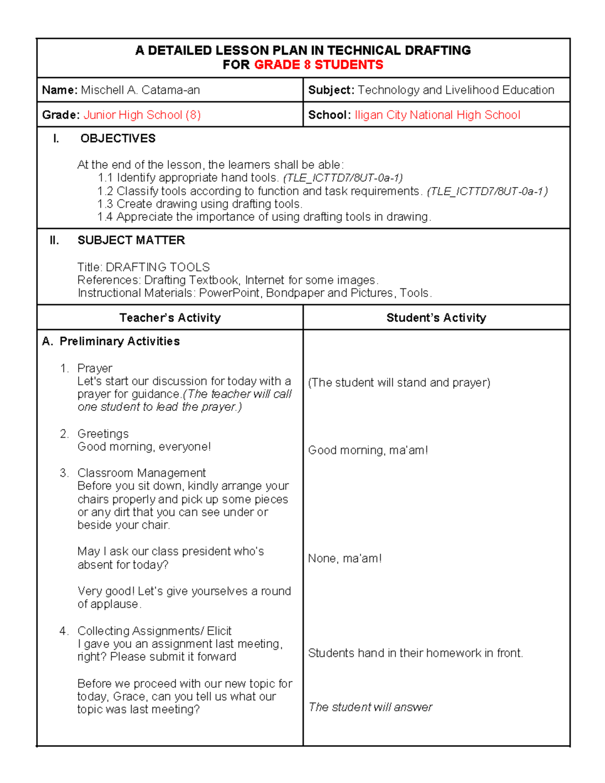 DLP - Detailed Lesson Plan on Drafting Tools for Grade 8 TLE - Studocu
