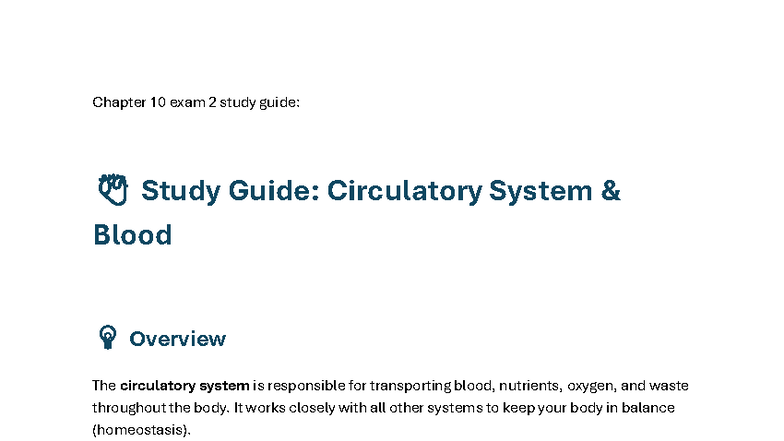 Chapter 10 Exam 2 Study Guide: Overview of the Circulatory System - Studocu