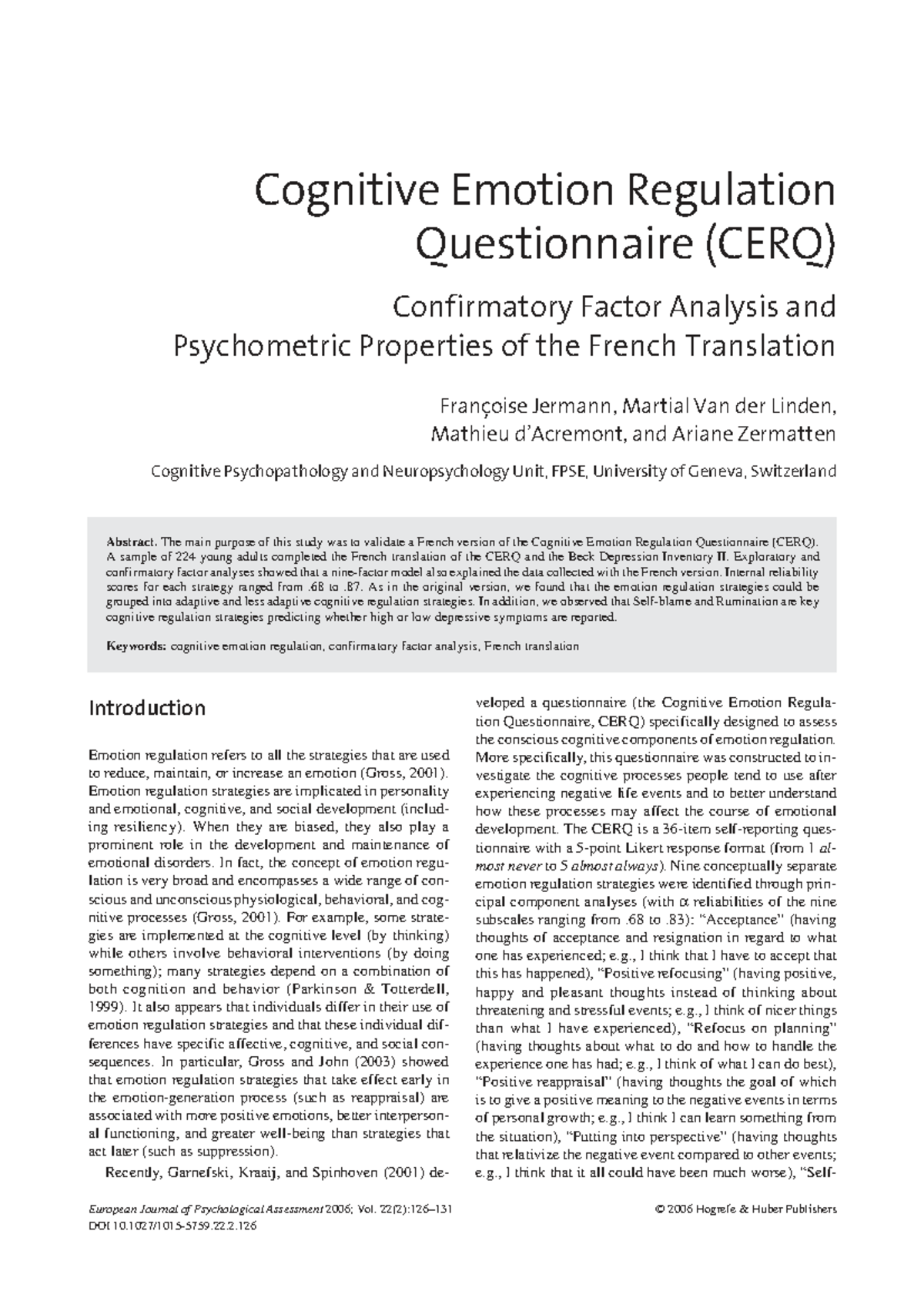 Cognitive Emotion Regulation Questionnaire (CERQ) - French Validation ...
