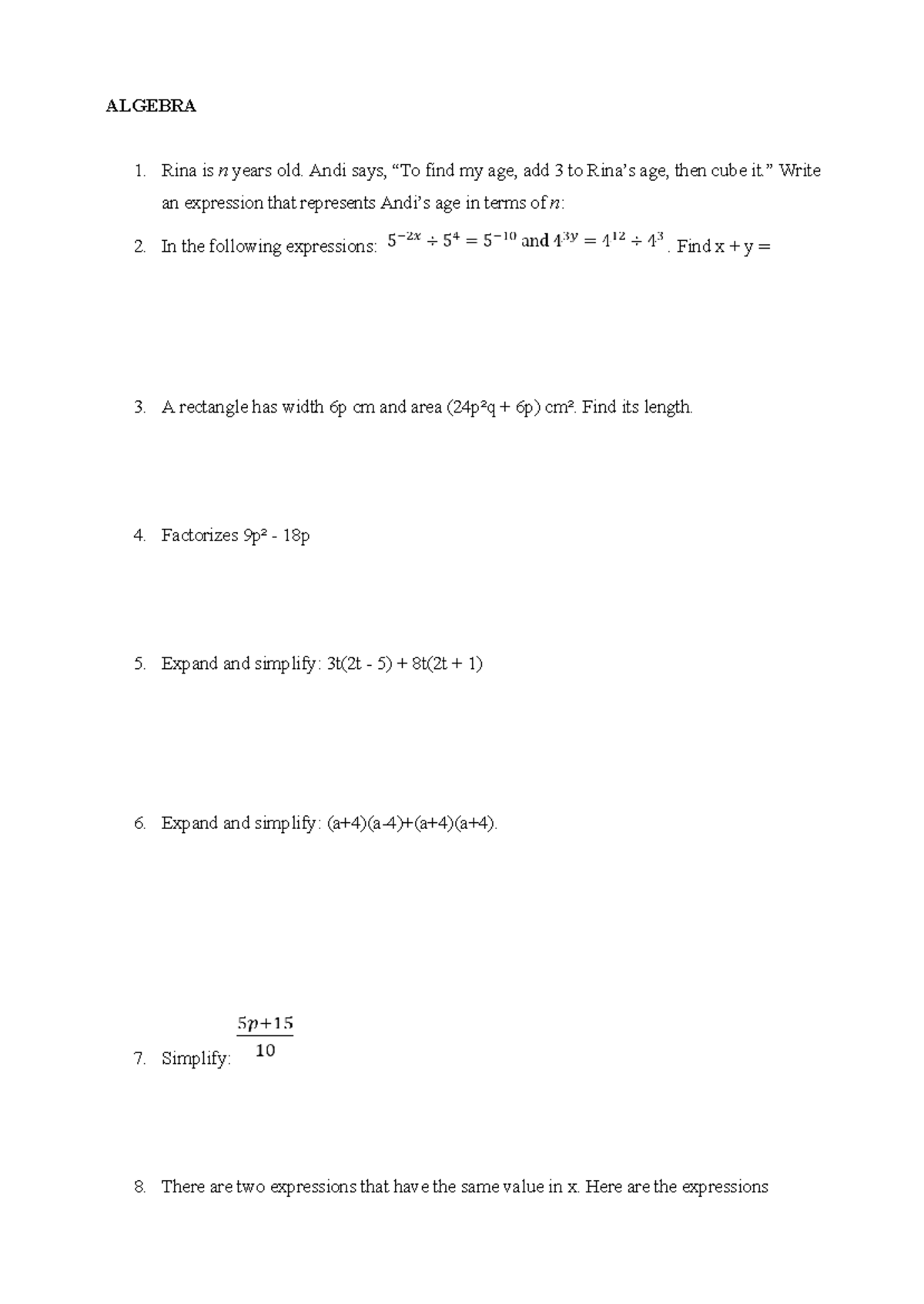 ALGEBRA & GEOMETRY Exam Prep for SAS Math 8 Sem 1 2025 - Studocu