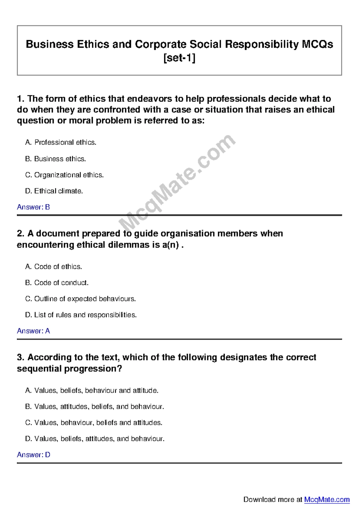 Business Ethics and Corporate Social Responsibility Solved MCQs [set-1 ...