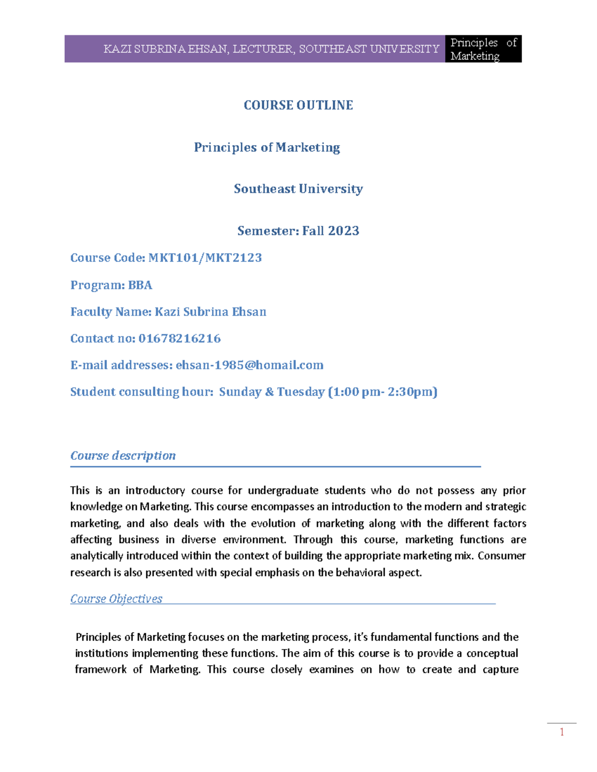 MKT 101 Course Outline: Principles of Marketing, Fall 2023 - Studocu