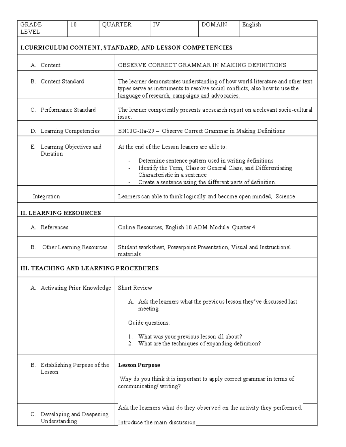 Grade 10 L4 - easy lesson plan - GRADE LEVEL 10 QUARTER IV DOMAIN English I CONTENT, STANDARD ...