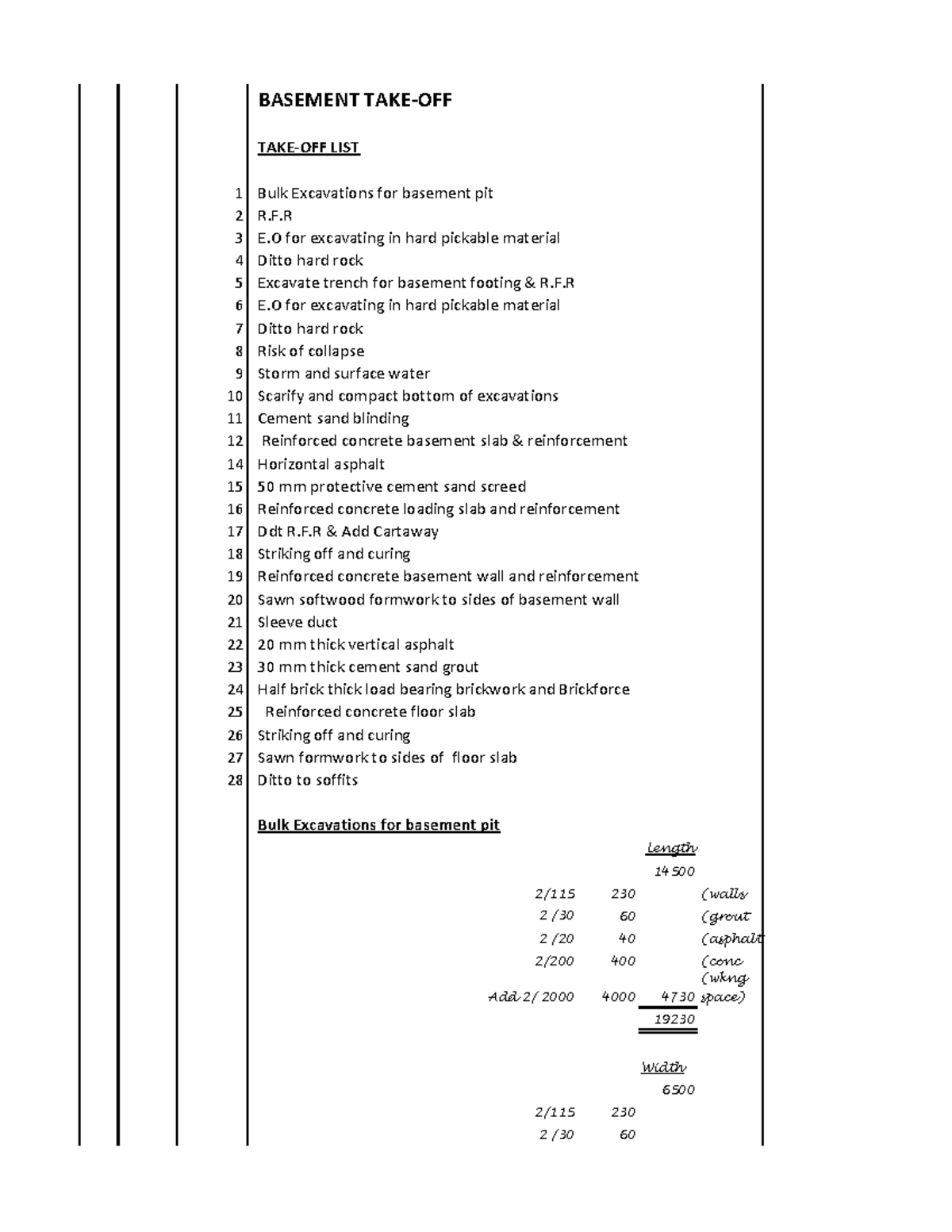 ND1 MOCW Basement Takeoff: Bulk Excavation & Concrete Works - Studocu
