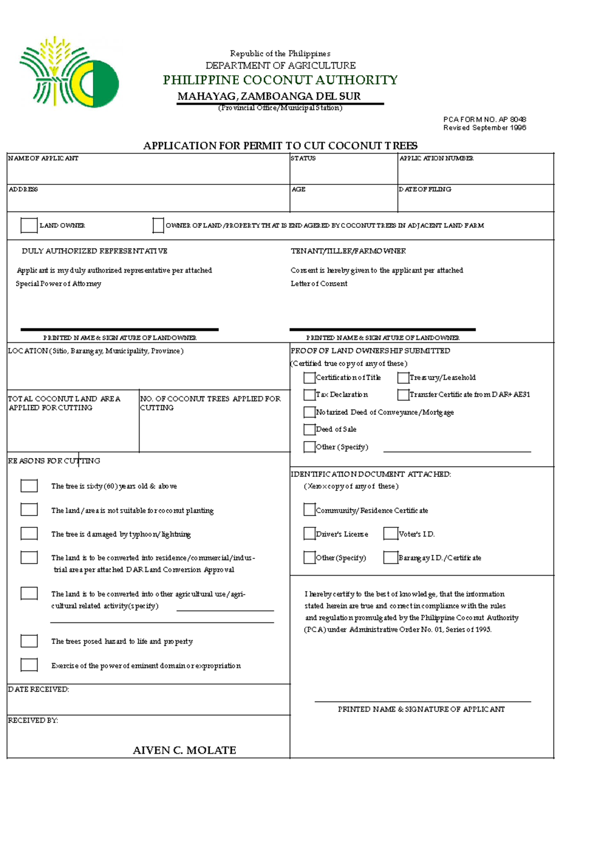 Application for Permit to Cut Coconut Trees - PCA Form No. AP 8048 ...