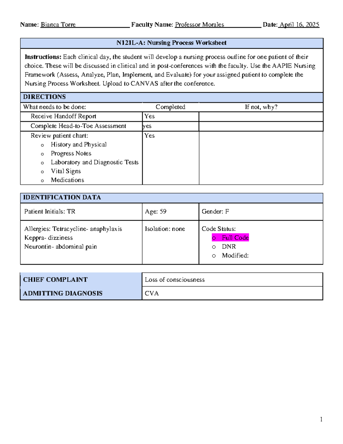 NPW 3 with ref - nursing process worksheet - Name: Bianca Torre Faculty ...