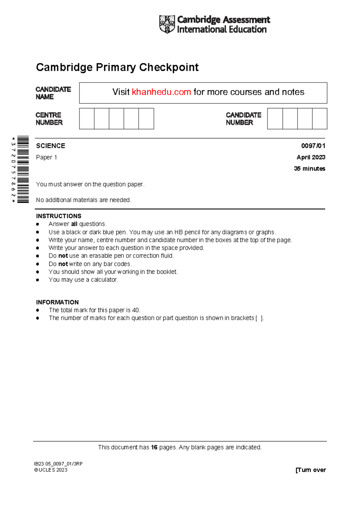 Cambridge Primary Checkpoint SCIENCE Paper 1 April 2023 - 35 Min Exam ...