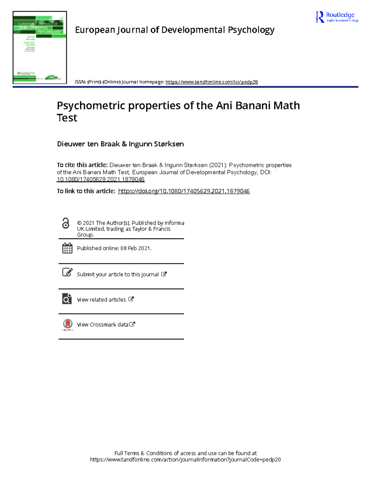 Psychometric Properties of the Ani Banani Math Test (ABMT) - 2021 - Studocu