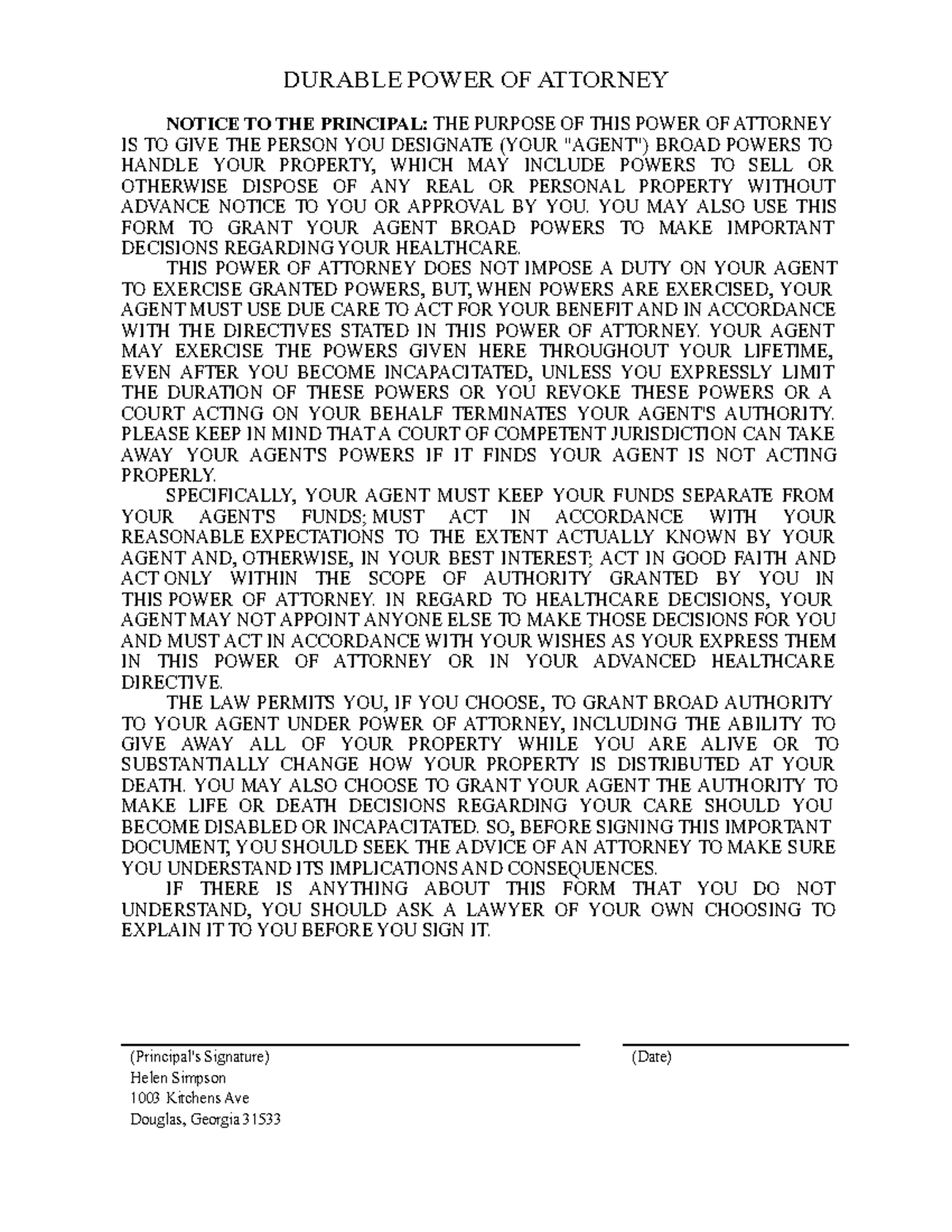 Power of attorney v7 - Documentation Example of POA - DURABLE POWER OF ...