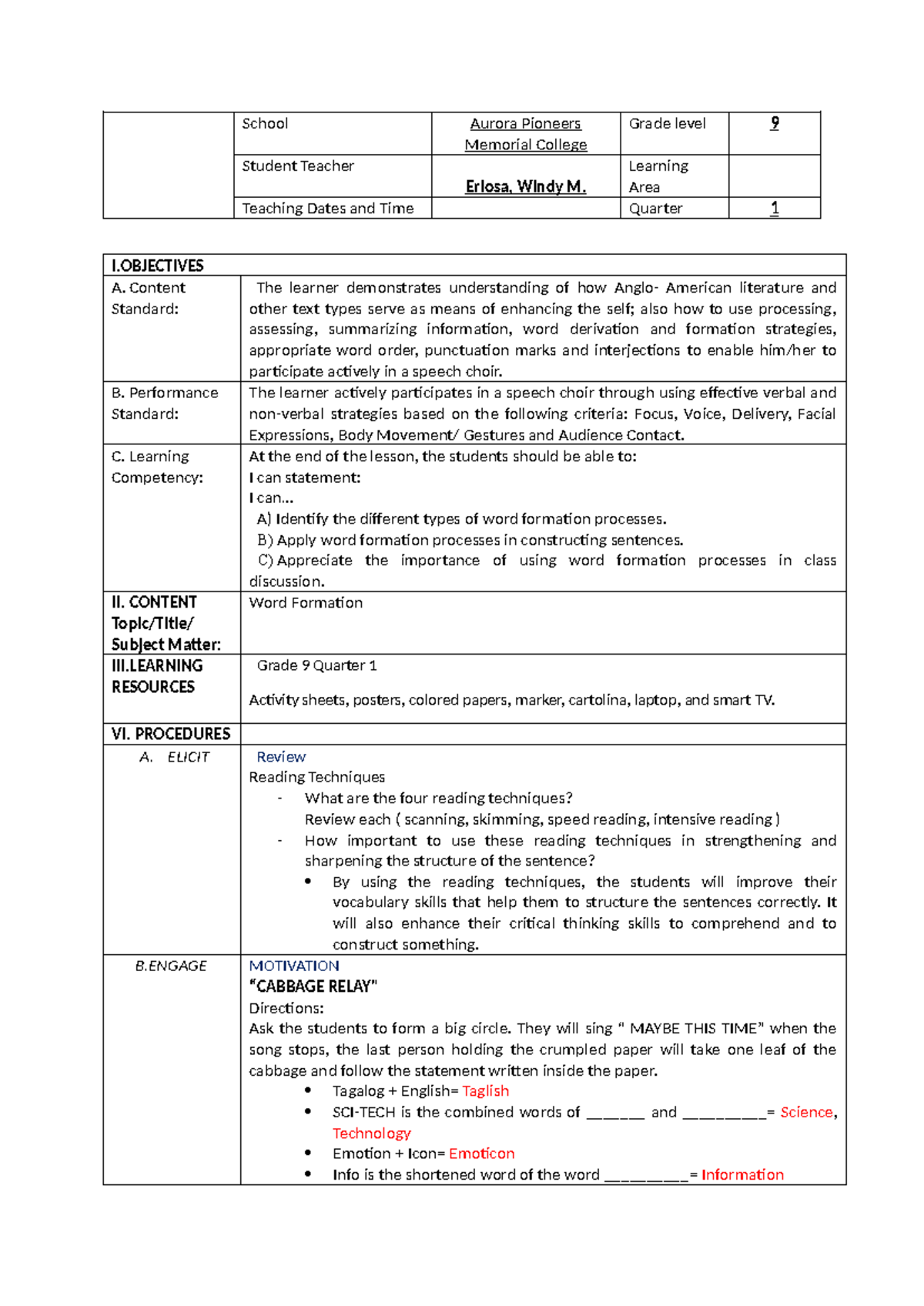 9th Grade Lesson Plan: Word Formation Activities (Final) - Studocu