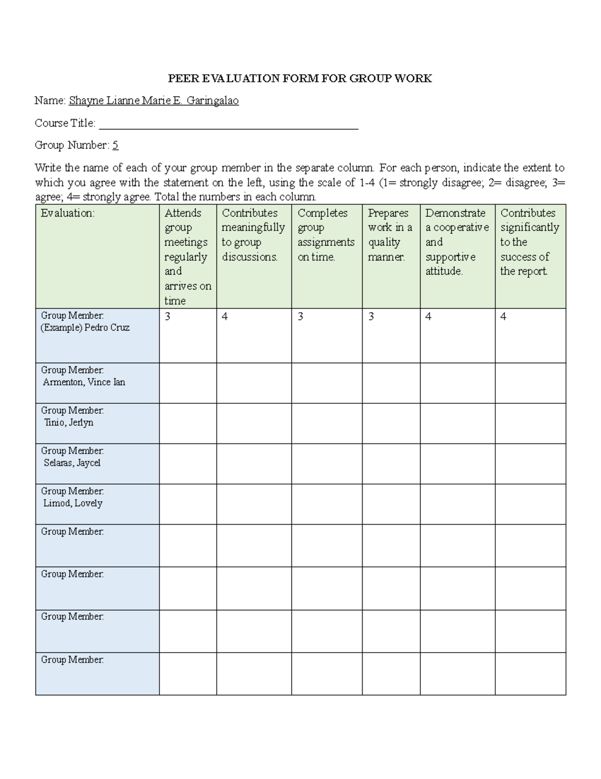 Peer Evaluation Form for Group Work - PEER EVALUATION FORM FOR GROUP ...